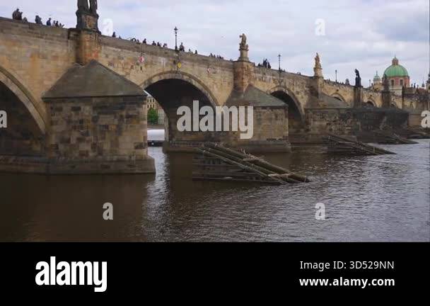 Iconic Charles Bridge Stone Arches Over Vltava River Stock Video ...