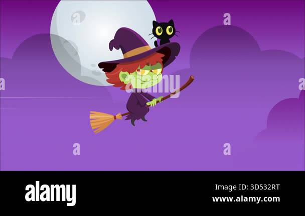 Witch With Black Cat Flying On Broom And Laughing Evil 4K Halloween ...