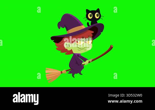 Witch With Black Cat Cartoon Characters Flying On Broom And Laughing ...