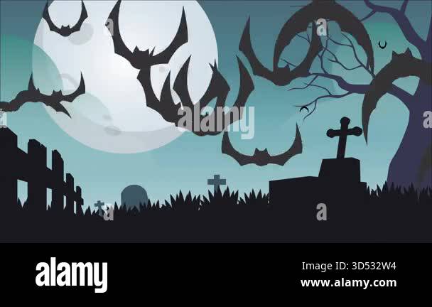 Spooky Cemetery With Full Moon And Flying Bats - 4K Halloween Animation ...