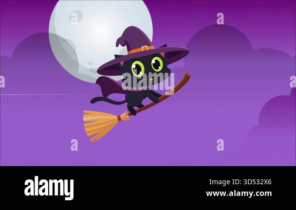 Cute Black Cat Witch Cartoon Character Flying On Broom Under Moonlight ...