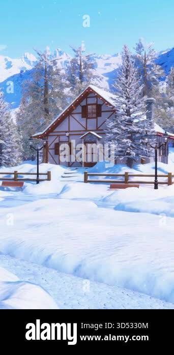 Vertical shot of cozy snowbound half-timbered alpine cottage with snow ...