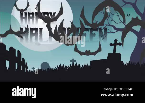 Spooky Cemetery With Flying Bats Forming Happy Halloween Text 4K Horror ...
