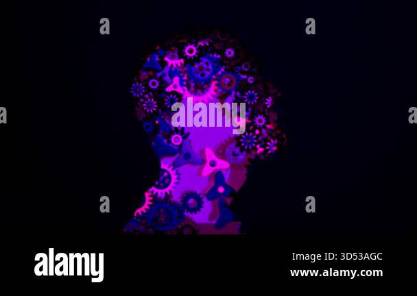 Human Head Silhouette and Gears Working with Together Deep Neon Stock ...