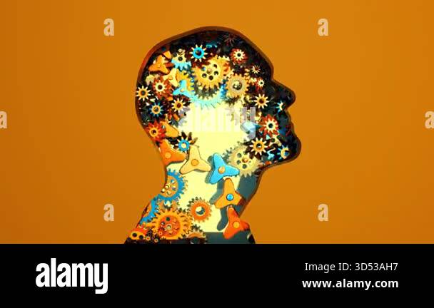 Human Head Silhouette And Gears Working With Together Orange Stock ...