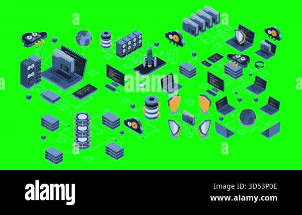 Isometric data network management animation. Cloud storage data and synchronization of devices ...