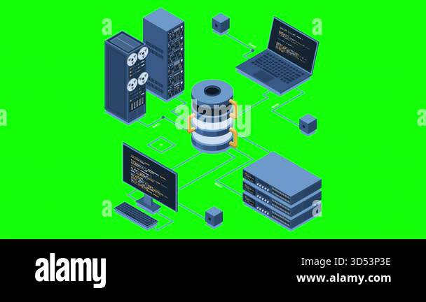 Isometric modern cloud database and networking animation. Computer ...