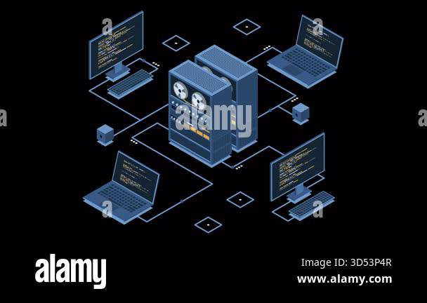 Isometric server connecting computers animation. Network connection ...