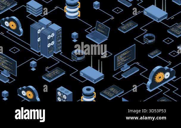 Isometric data network management animation. Cloud storage data and ...