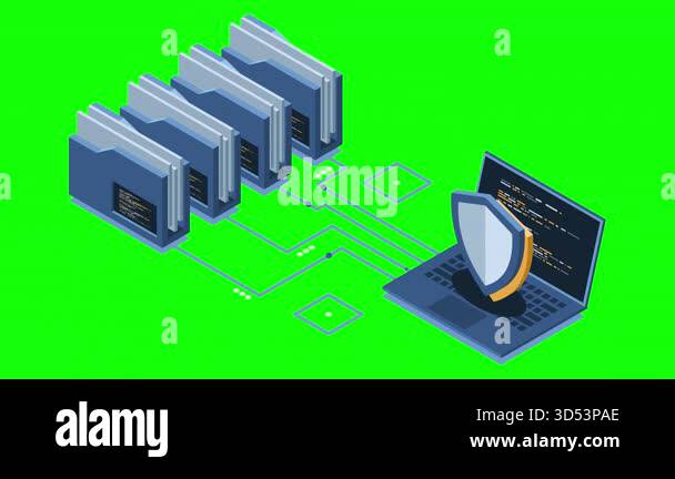 Isometric data protection with folder and laptop animation. Folder ...