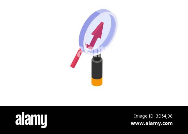 Isometric animated icon of a magnifying glass focusing on an upward ...