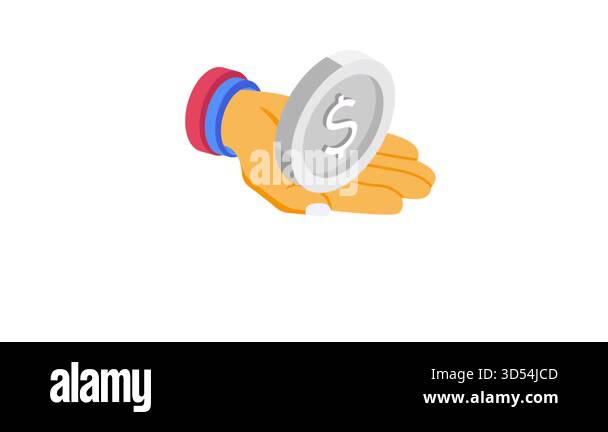 Dollar coin on hand, savings animated icon in trendy isometric style ...