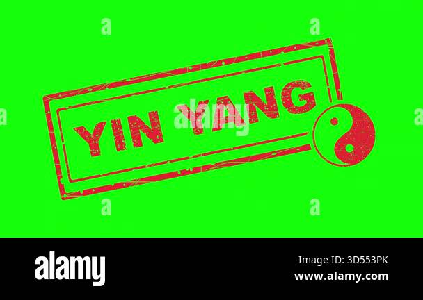 video animation red worn texture rubber stamp yin yang text and symbol ...