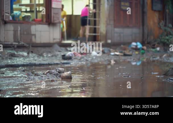 person clean house from water and mud after flood, woman with mop ...
