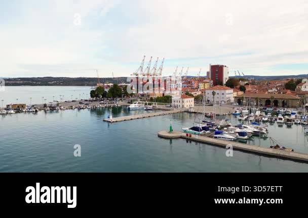Drone panorama of Koper, Slovenia, showing the old town, marina, and ...