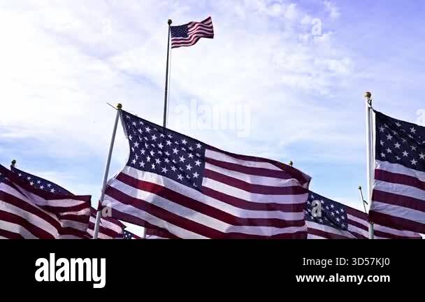 American flags waving in slow motion under a blue sky at a community ...