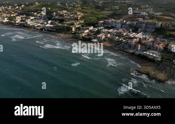 Aerial, panoramic view of the northern coast of the island of Crete ...