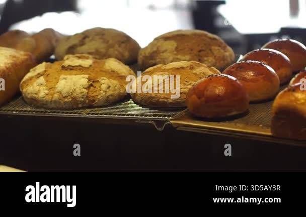 Various fresh bake artisan sourdough bread on the counter Stock Video ...