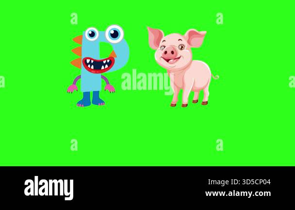 Bright animation with a playful monster and pig illustrating the letter ...
