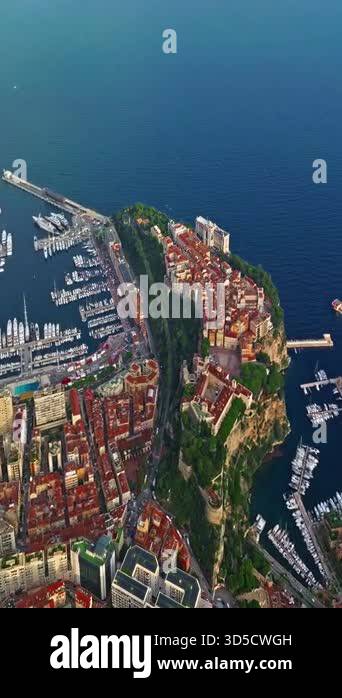 Birds eye aerial view of traffic in Monte Carlo, Monaco. Famous formula ...