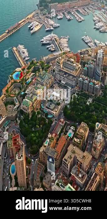 Birds eye aerial view of traffic in Monte Carlo, Monaco. Famous formula ...