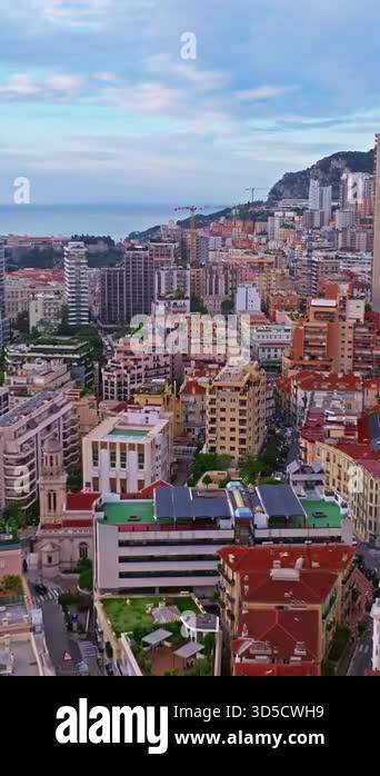 Birds eye aerial view of traffic in Monte Carlo, Monaco. Famous formula ...