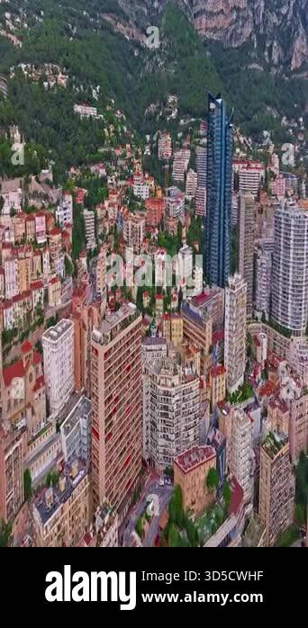 Aerial view of the city center of Monaco. Establishing shot showcases ...