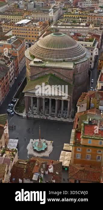 Pantheon facade in Rome, Italy, aerial descending on the ancient eternal Temple. Aerial view of ...