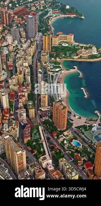 Birds eye aerial view of traffic in Monte Carlo, Monaco. Famous formula ...