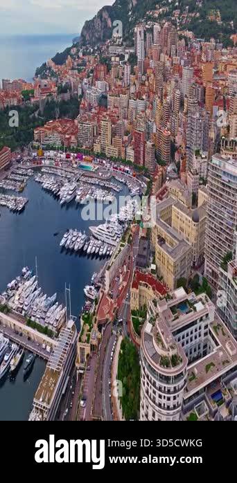 Birds eye aerial view of traffic in Monte Carlo, Monaco. Famous formula ...