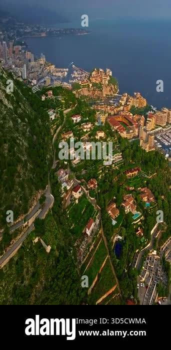 Aerial view of the city center of Monaco. Establishing shot showcases ...