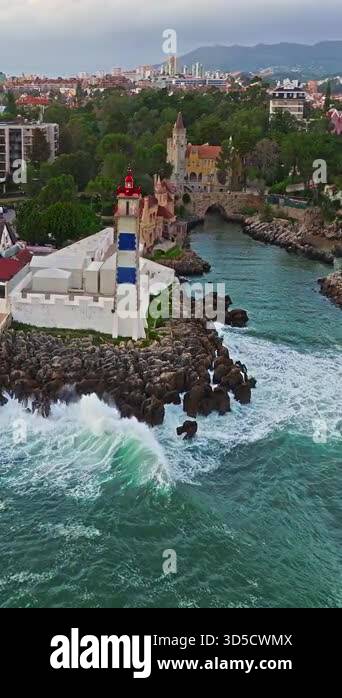 Aerial view of the center and the embankment of the city of Cascais at ...