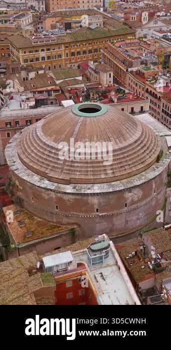 Pantheon facade in Rome, Italy, aerial descending on the ancient ...