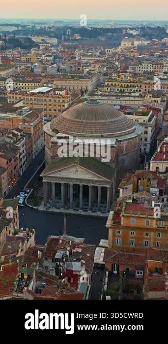 Pantheon facade in Rome, Italy, aerial descending on the ancient ...