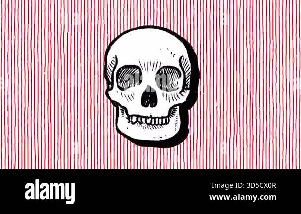 Hand drawn skull spinning on red lines background looping animation ...