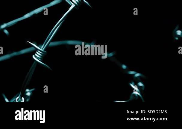 Sharp Barbed Wire Fence Panning on Black Background | War and Border ...