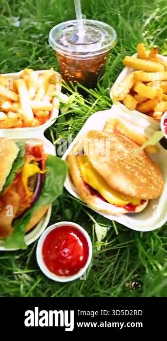 Tasty cheeseburger and fries picnic outdoors. Appetizing cheeseburger ...
