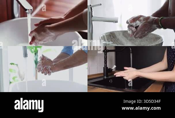 Cropped collage view of diverse people handwashing standing at ...