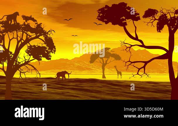 Golden Sunset in African Savannah Elephant and Trees Silhouettes 2D ...