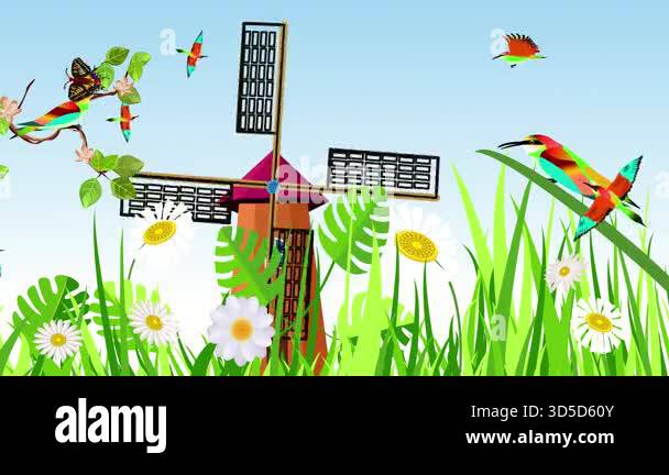 Spring meadow with green grass and flowers, windmill on horizon and ...