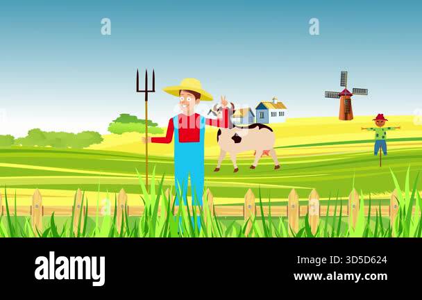 Smiling Cartoon Farmer Waving Hand with Pitchfork on Countryside Farm ...