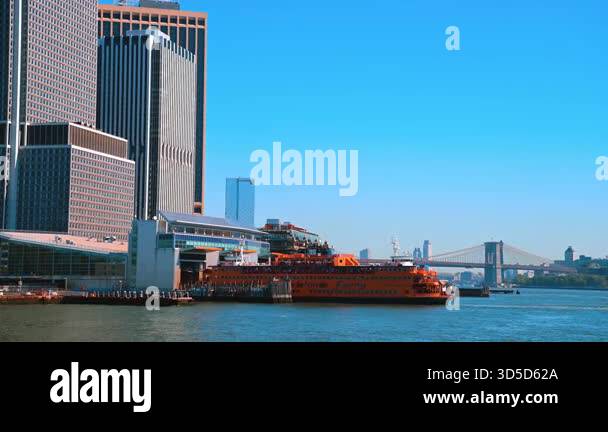 New York, USA, 9 August 2025: Staten Island Ferry at Manhattan terminal ...