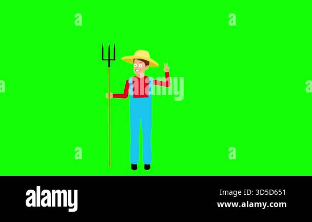 Smiling Cartoon Farmer Waving Hand with Pitchfork Green Screen ...