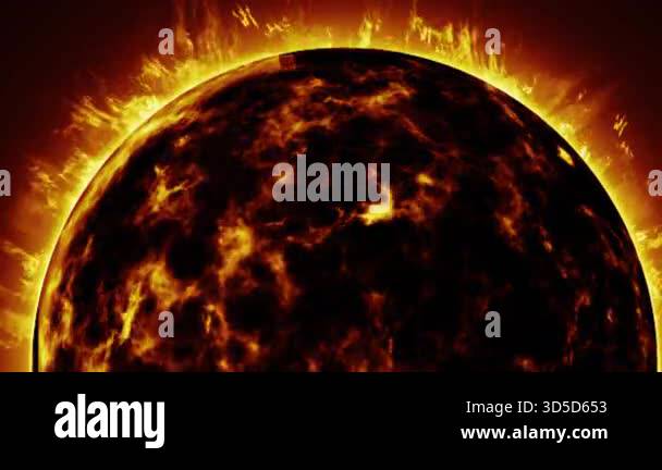 Dark Sun with glowing lava surface and erupting solar flares animation ...
