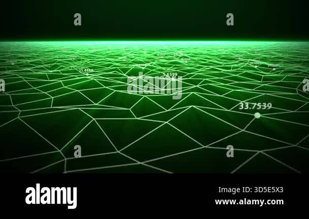 Green digital landscape with bright glowing grid and floating numeric ...