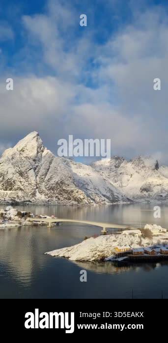 Panorama view of coast and mountain with village of Lofoten of Norway ...