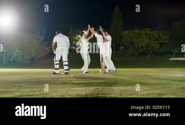 Male cricket team appealing after delivery, then celebrating wicket as ...