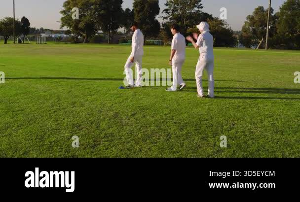High-fiving Diverse male cricket teammates practicing bowling drill on ...