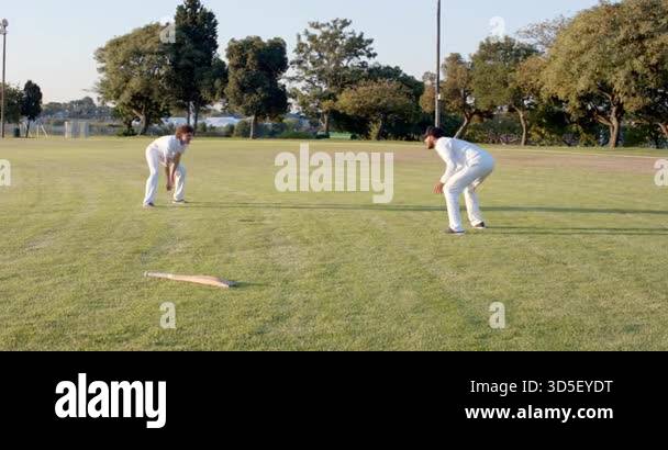 Grabbing cricket ball underarm rolling and catching between diverse ...