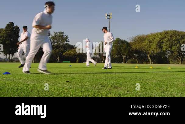 Gathering behind colored cones, cricket teammates stepping over cones ...